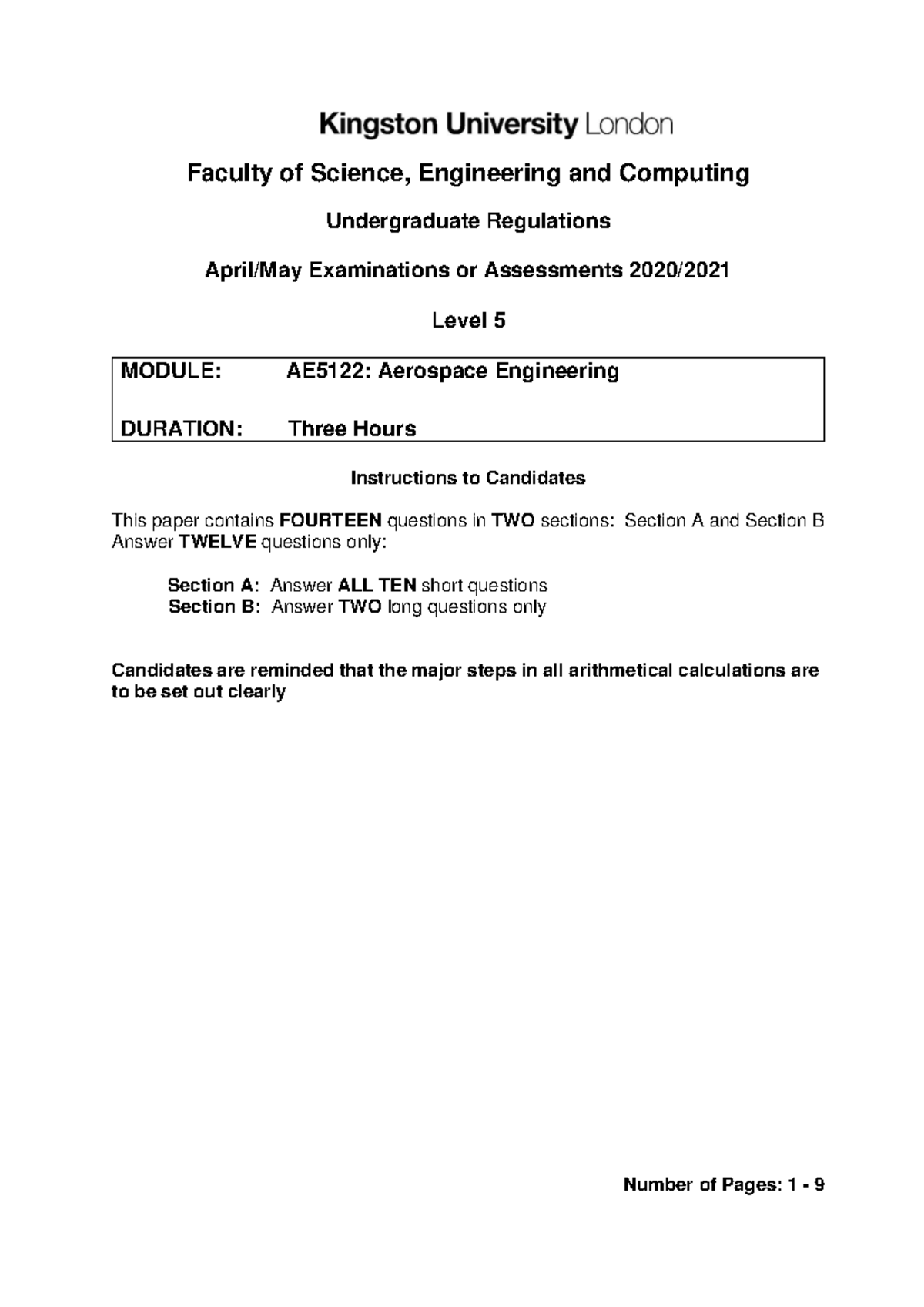 AE5122 Aerospace Engineering-exam 2029 - Faculty of Science ...