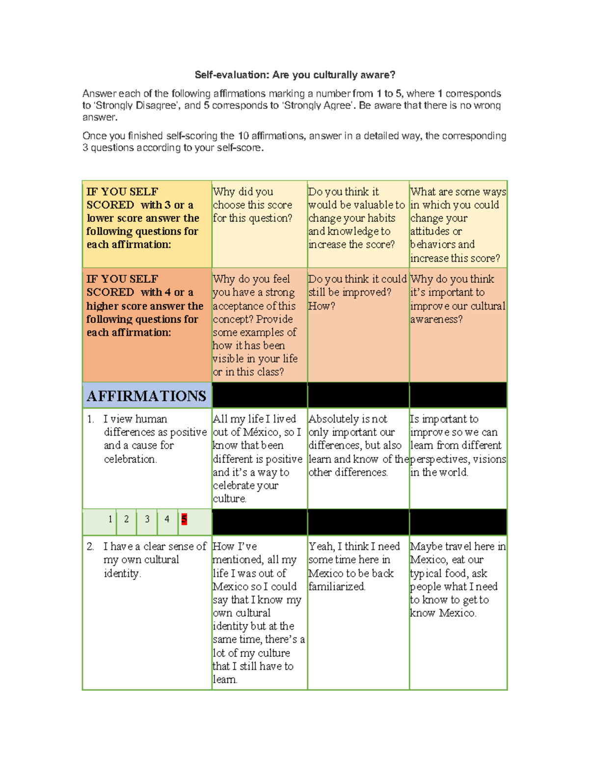 Activity 9 - Self -evaluation: Are you culturally aware? Answer each of ...