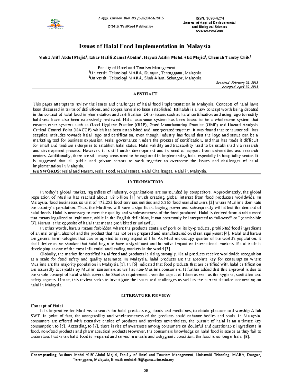 Halal Issues In Food - J. Appl. Environ. Biol. Sci., 5(6S)50-56, 2015 ...