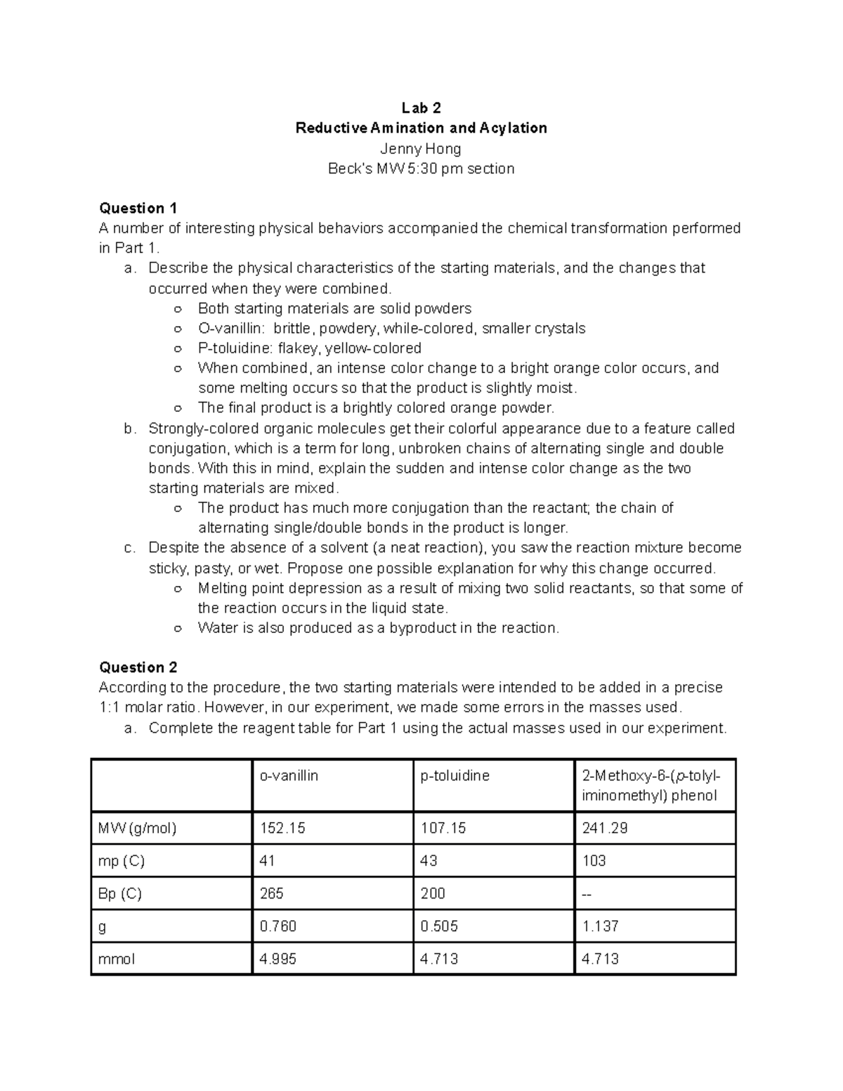 Reductive Amination and Acylation lab assignment 2 - Lab 2 Reductive ...