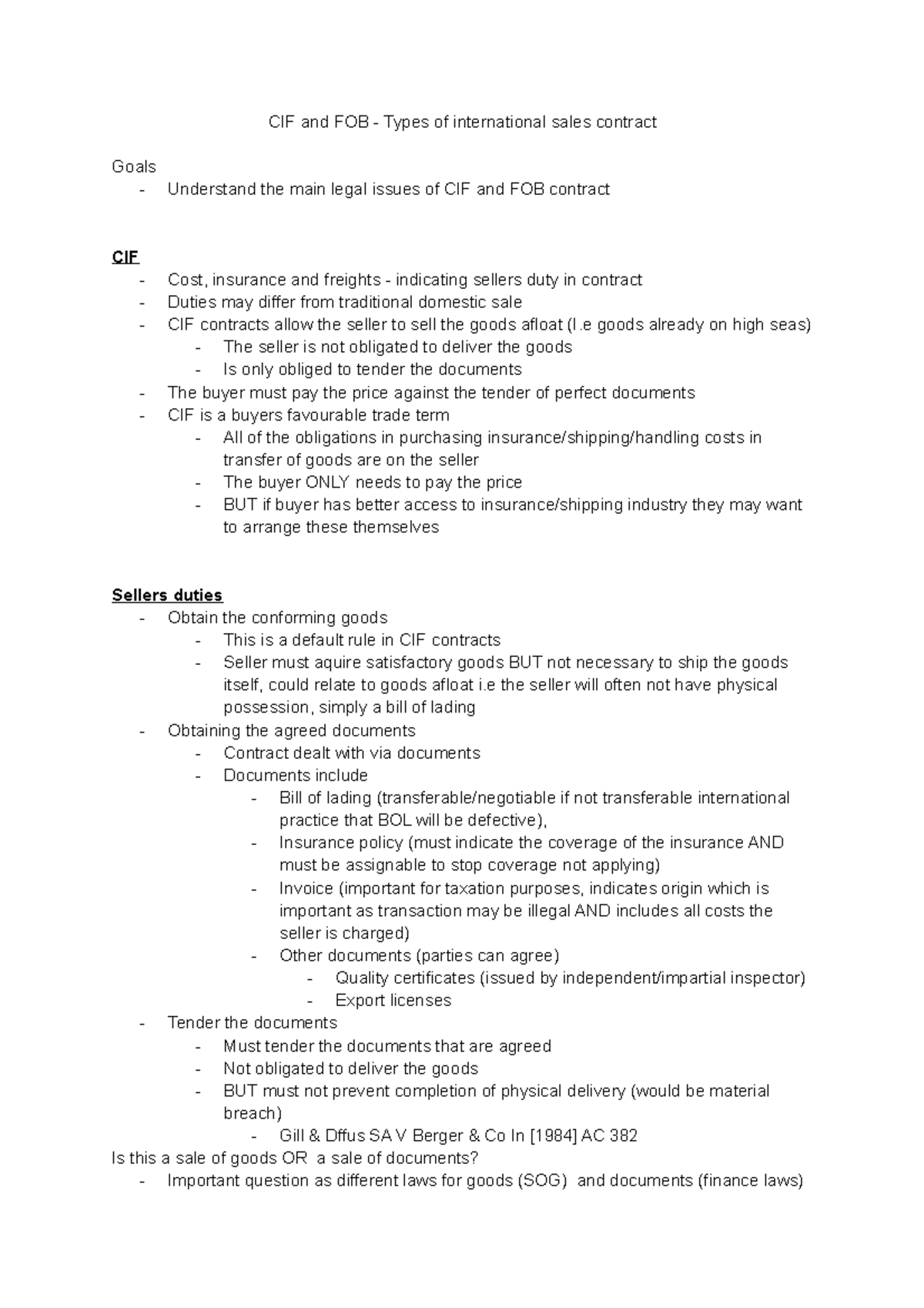 Commercial Semester 2 - International Sales of Goods, CIF and FOB - CIF ...