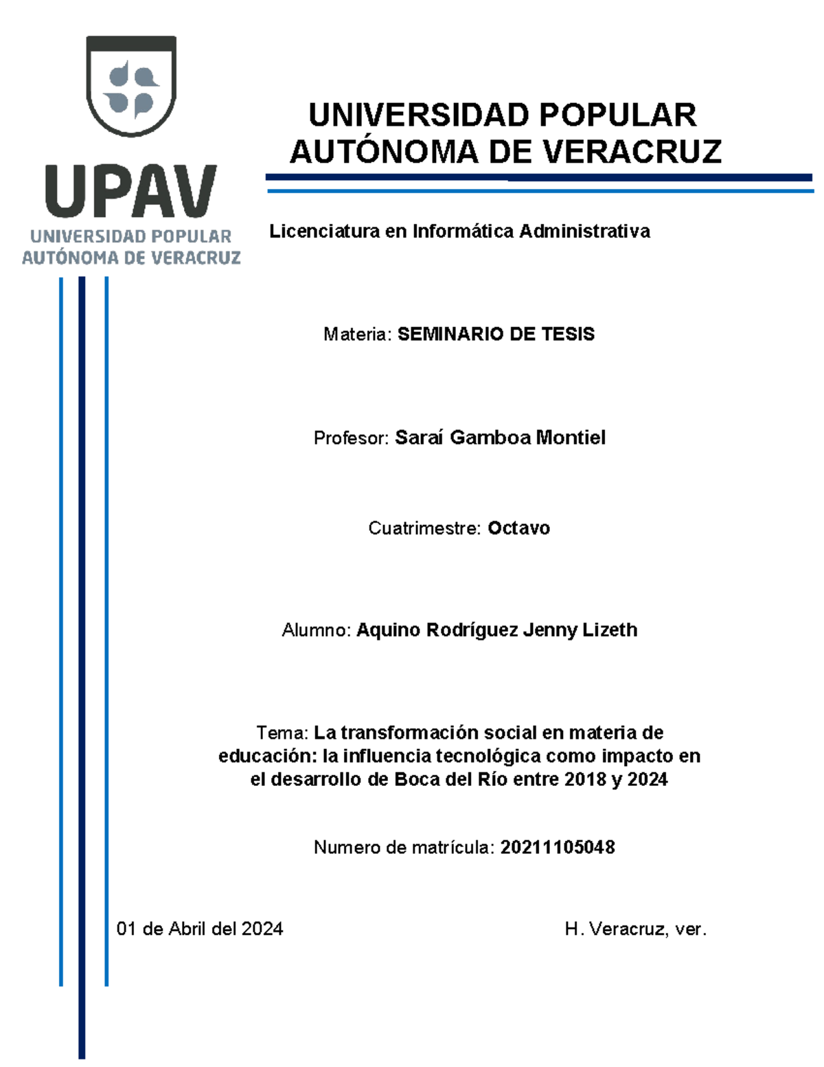 Portada tesis - UNIVERSIDAD POPULAR AUTÓNOMA DE VERACRUZ Licenciatura ...