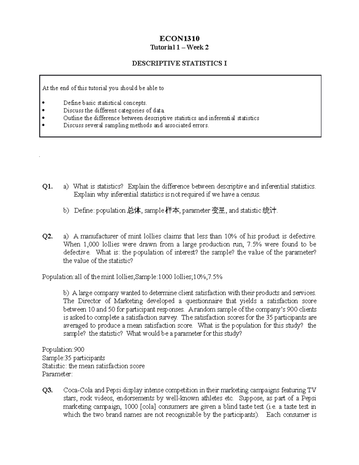 ECON1310 Tutorial Notes from1-3 - ECON Tutorial 1 – Week 2 DESCRIPTIVE ...
