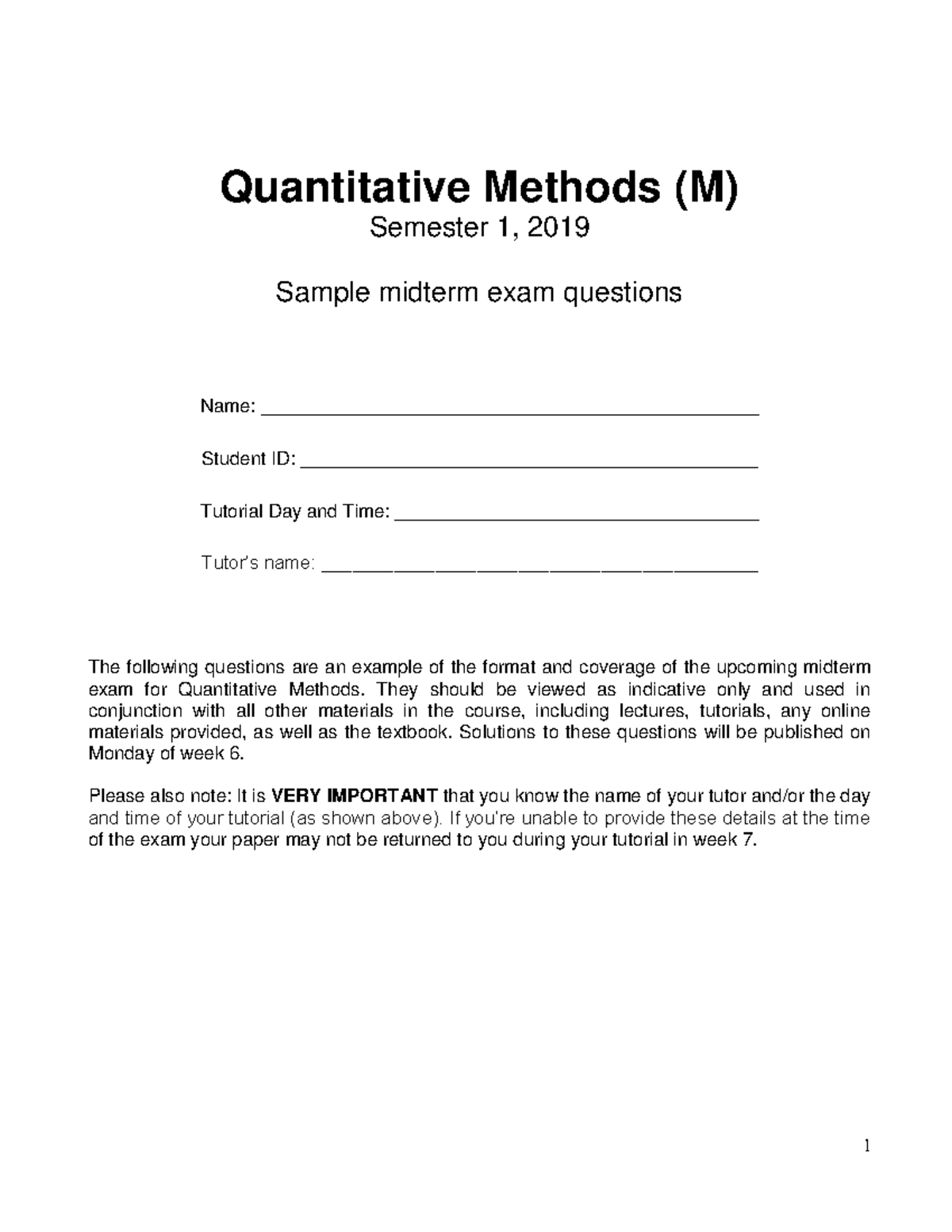 Midterm exam 8 March 2019, questions - Quantitative Methods (M ...