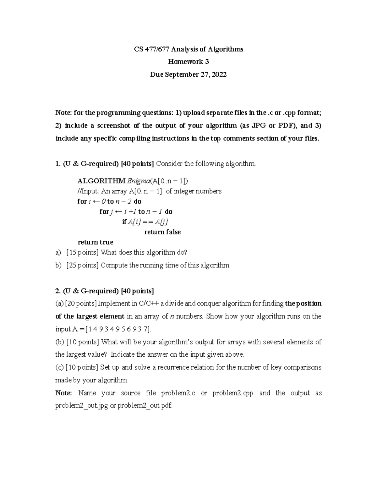 Cs 477 Homework 3 Cs 477677 Analysis Of Algorithms Homework 3 Due September 27 2022 Note