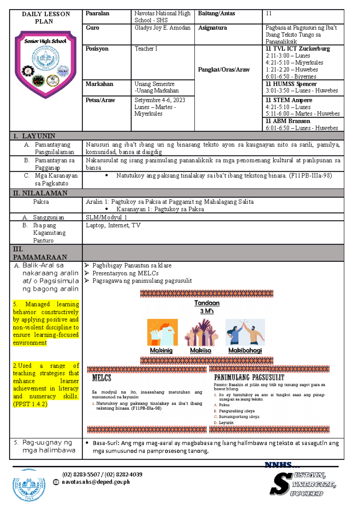 Q1 L1 D1 WLP - DLP Pagbasa at Pagsususri Aralin 1 - DAILY LESSON PLAN Paaralan Navotas National ...