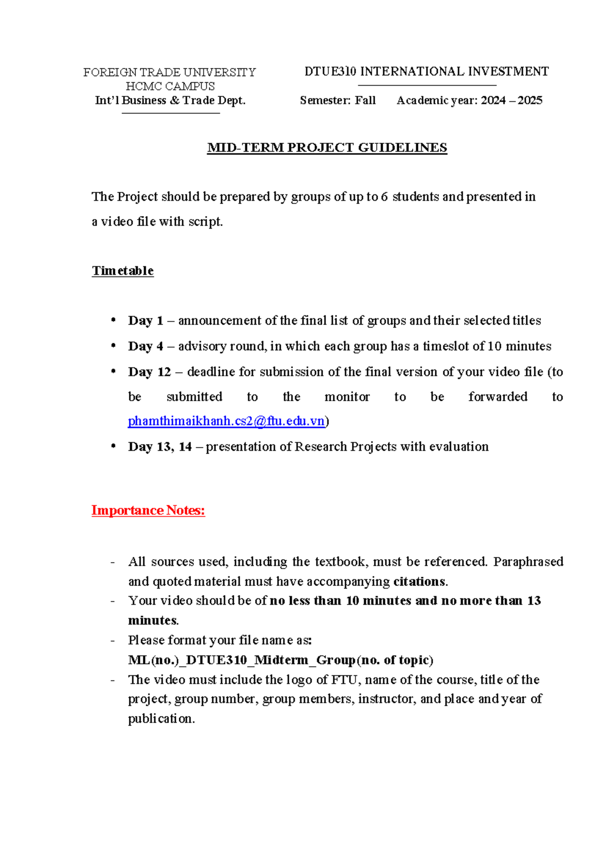 ML118-2024 Fall DTUE310 Mid-term Project-Guidelines - FOREIGN TRADE ...