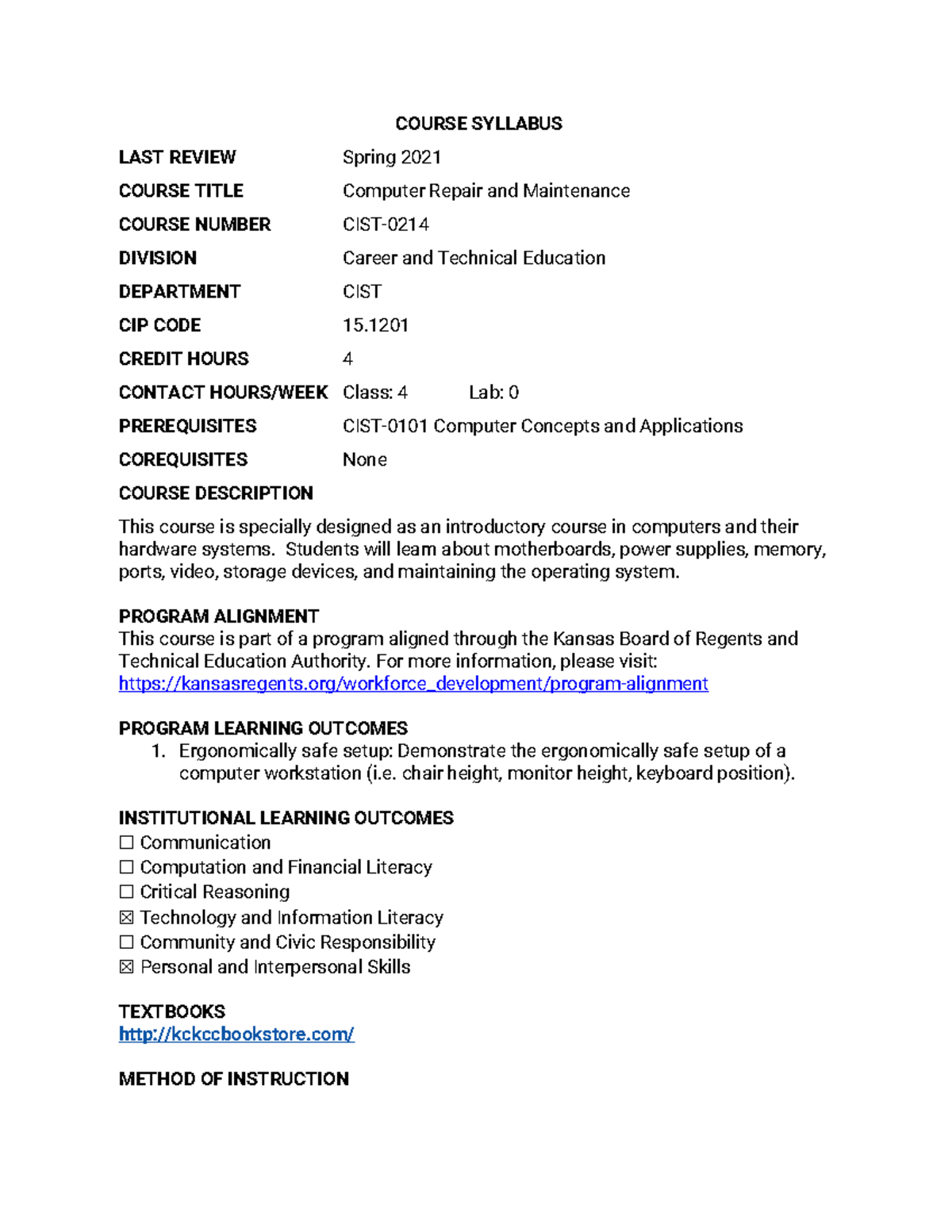 Cist-0214 - pc maintenance - COURSE SYLLABUS LAST REVIEW Spring 2021 ...