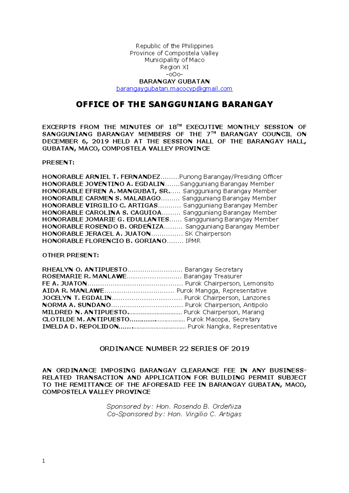 Sample Barangay Ordinance Number 22 Building Clearance - Republic of ...