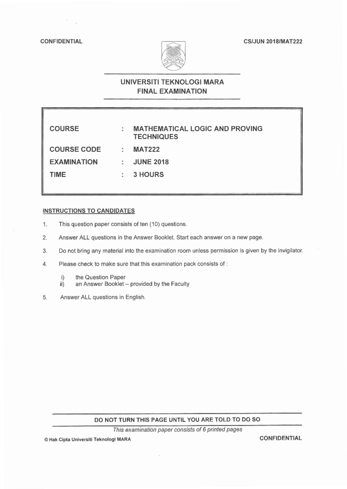 Mat222 june 2018 - Math Logic - CONFIDENTIAL CS/JUN 2018/MAT COURSE ...