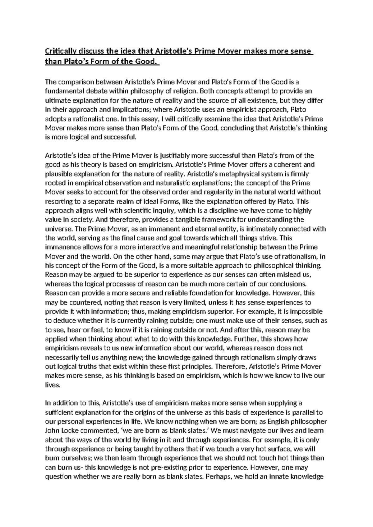 Aristotle's prime mover & plato's form of the good - Critically discuss ...