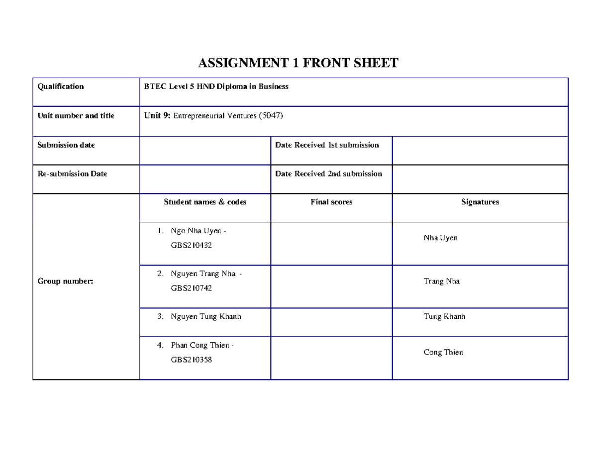 Asm1 Venture Final - medium - ASSIGNMENT 1 FRONT SHEET Qualification BTEC Level 5 HND Diploma in ...