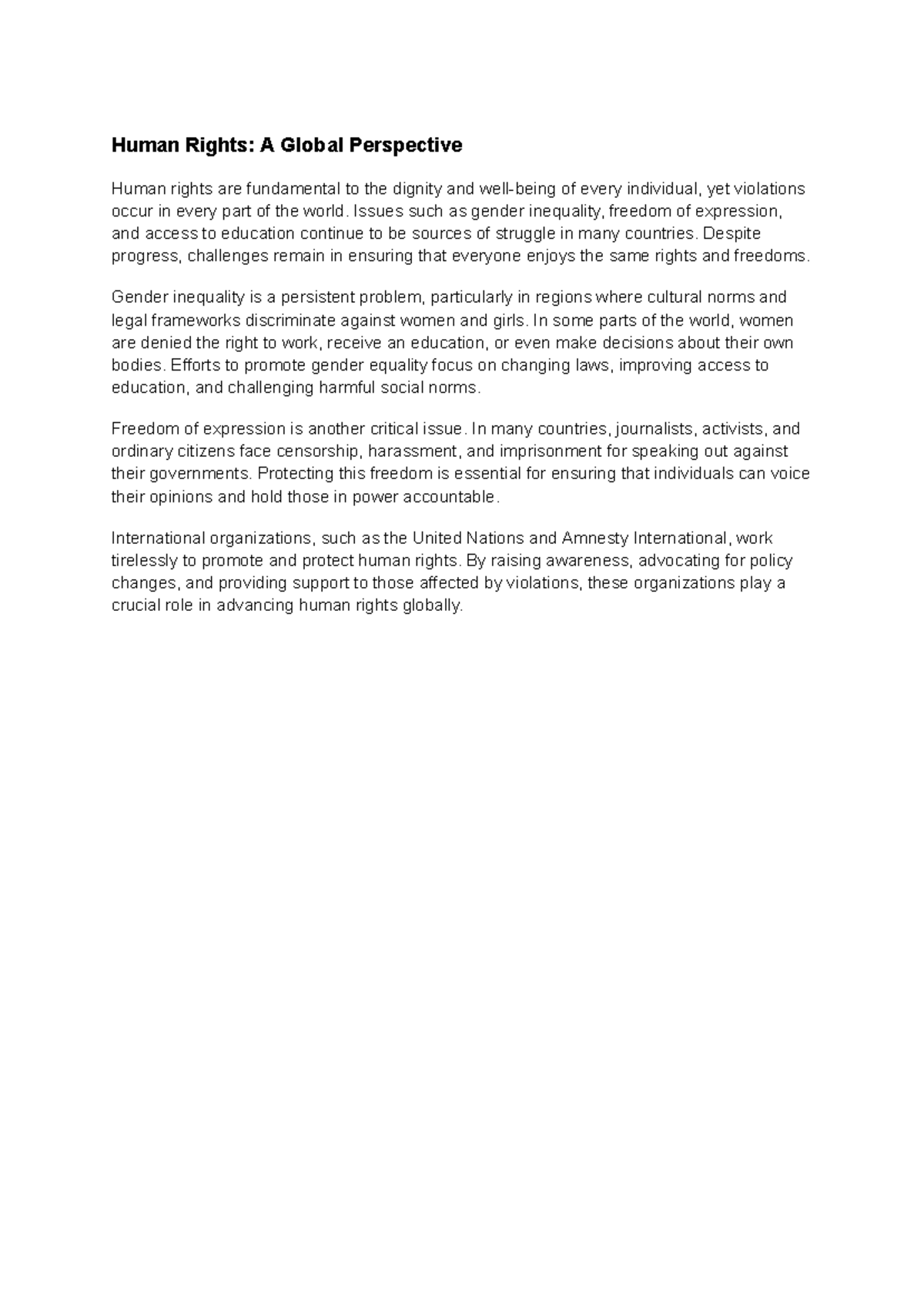 Essay 5 - Human Rights: A Global Perspective Human rights are ...