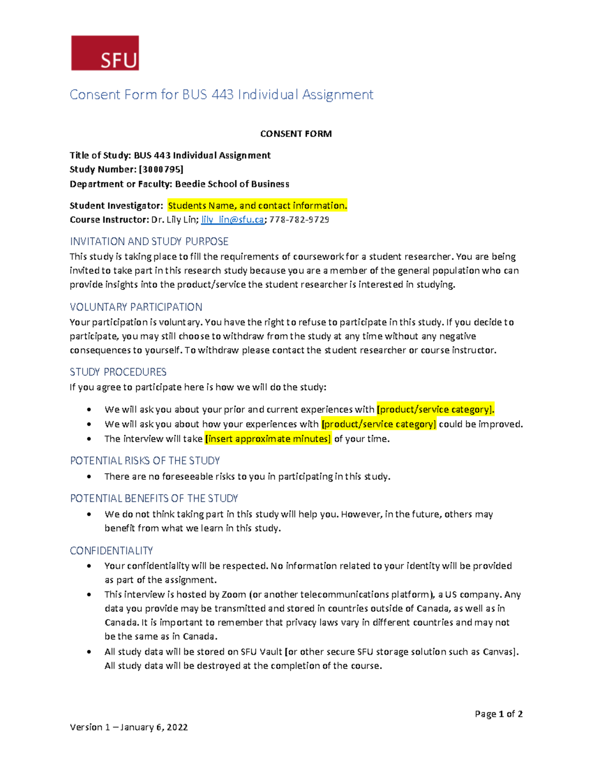 BUS 443 - Consent Form - Note - Page 1 of 2 Version 1 – January 6, 2022 ...