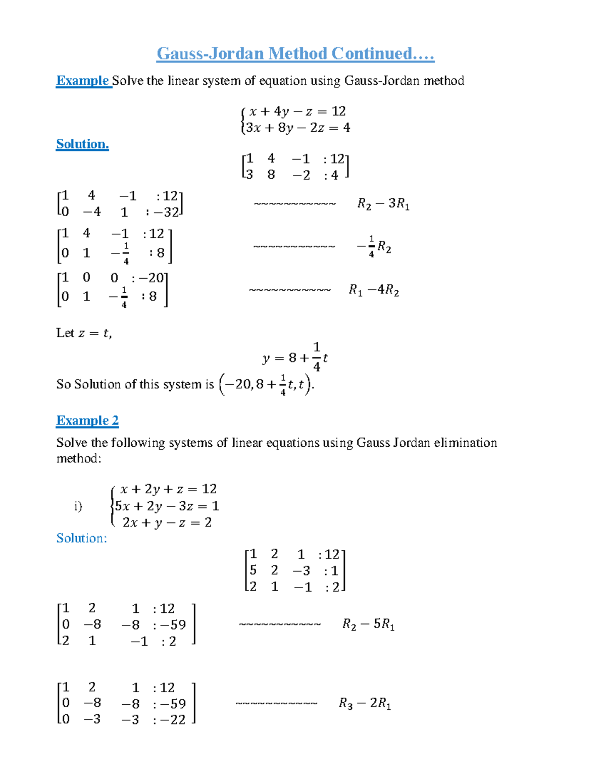 4. Gauss Jordan Method Continued - ... Example Solve the linear system of equation using - Studocu