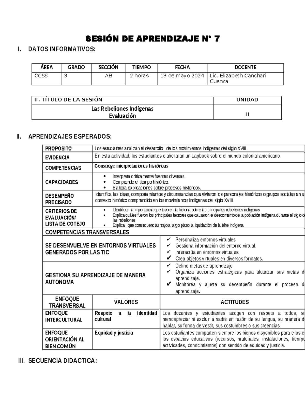 3AB Sesion CCSS 3° SEC- Semana 05 UNI 2 3AB - SESIÓN DE APRENDIZAJE N° 7 I. DATOS INFORMATIVOS ...