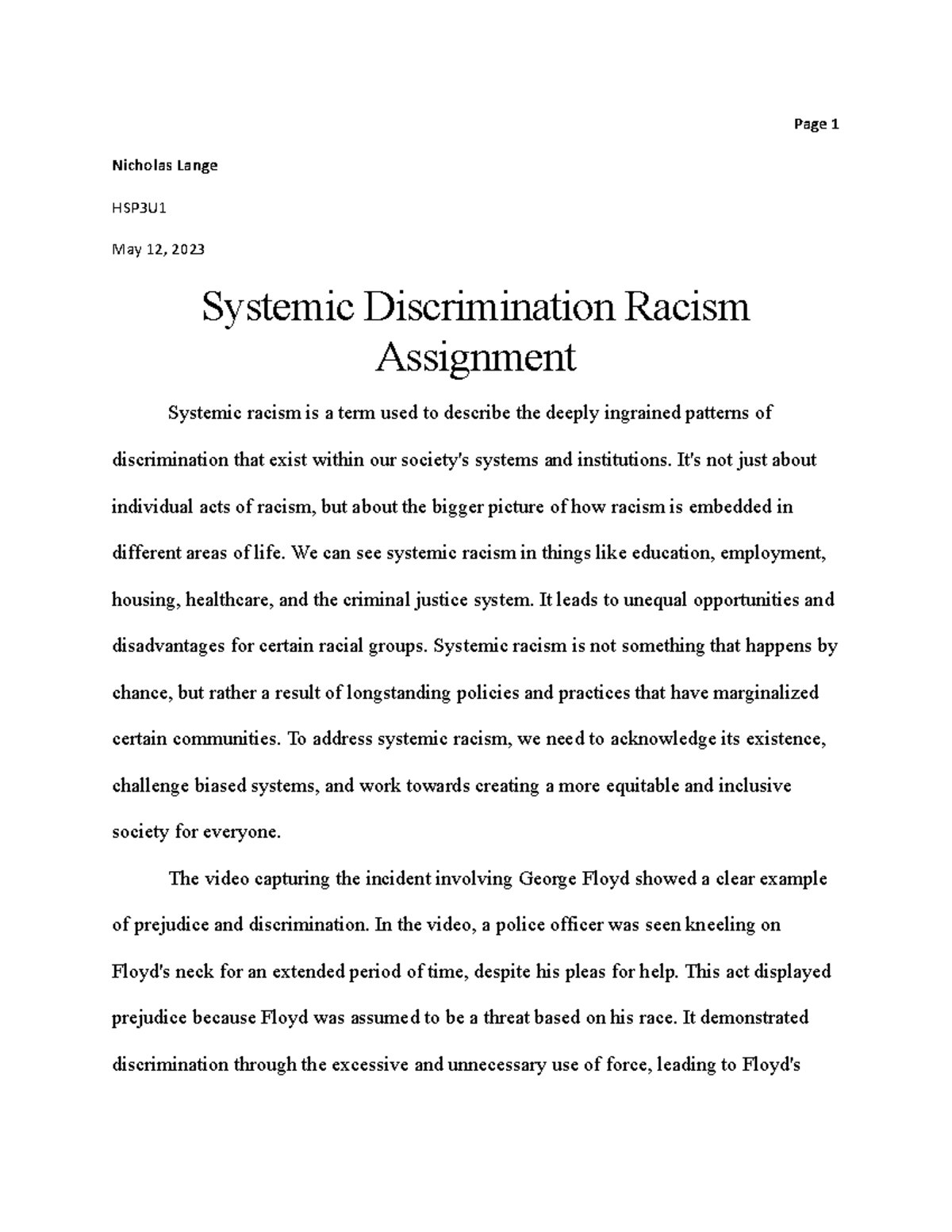 Systemic discrimination assignment - Page 1 Nicholas Lange HSP3U May 12 ...