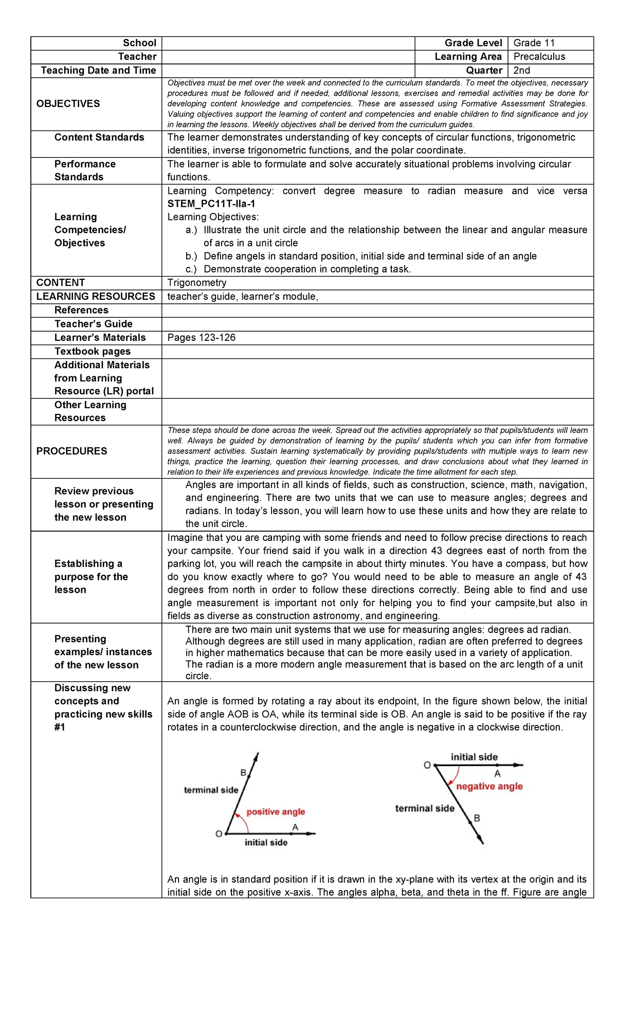 PC II-1 - Lesson Plan - School Grade Level Grade 11 Teacher Learning ...