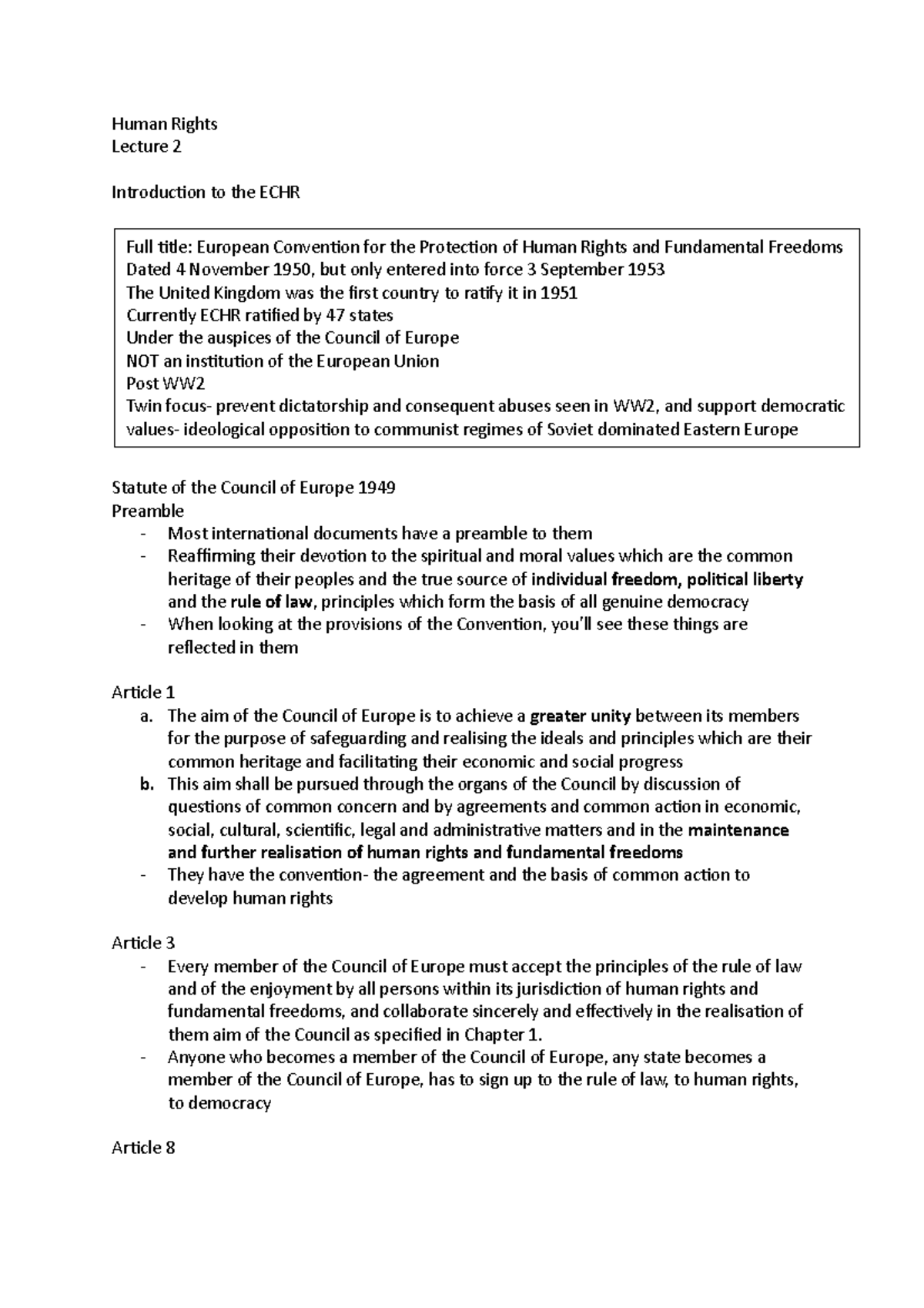 Lecture 2: Introduction to the ECHR - Human Rights Lecture 2 ...