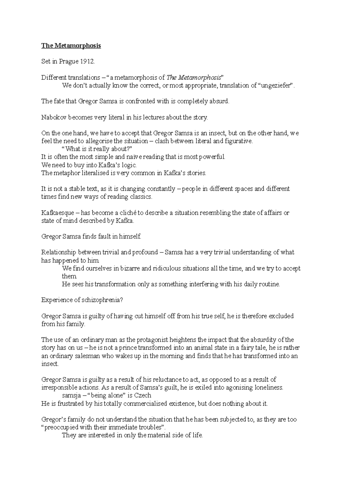 The Metamorphosis - Lecture notes All - The Metamorphosis Set in Prague ...