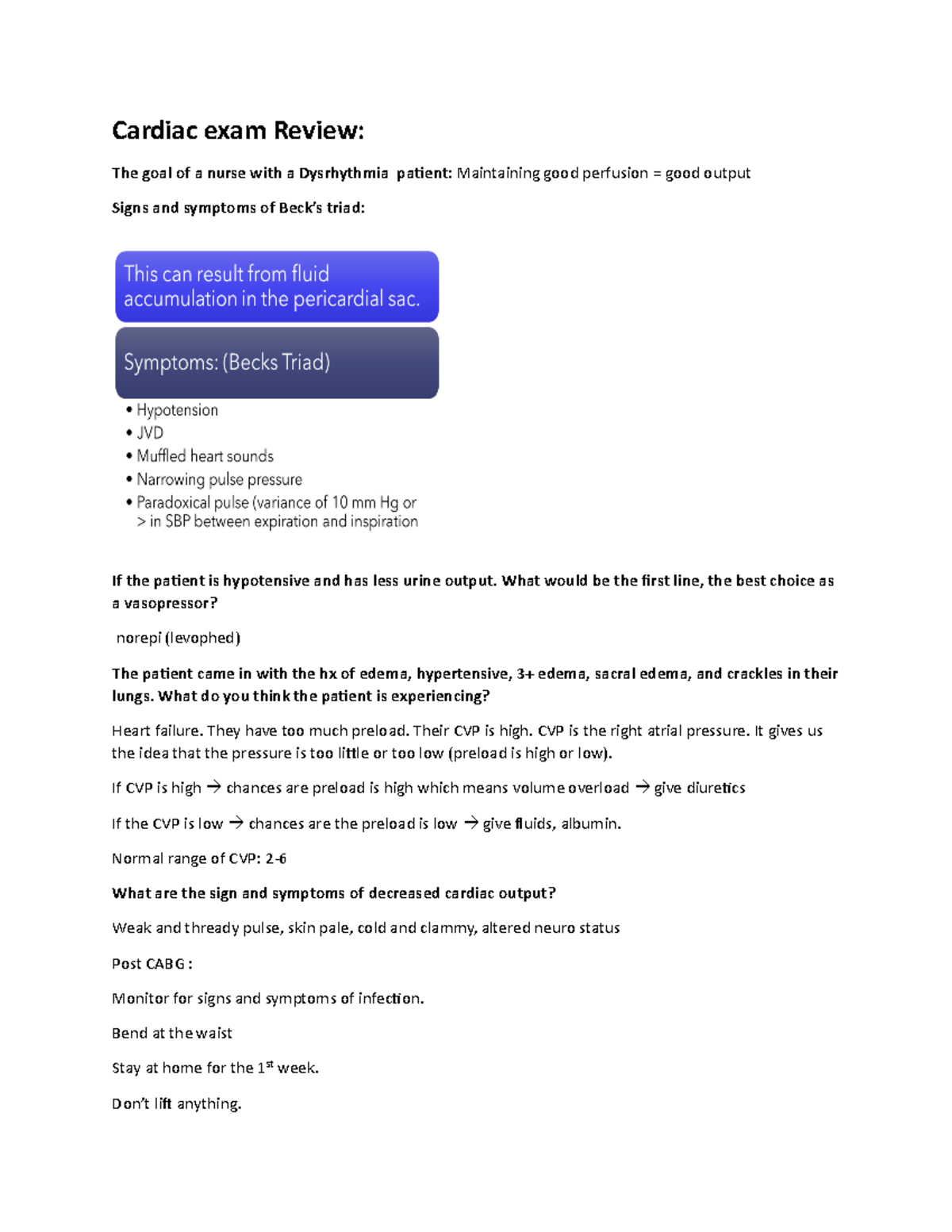 Cardiac exam 2 review - study guide - Cardiac exam Review: The goal of ...
