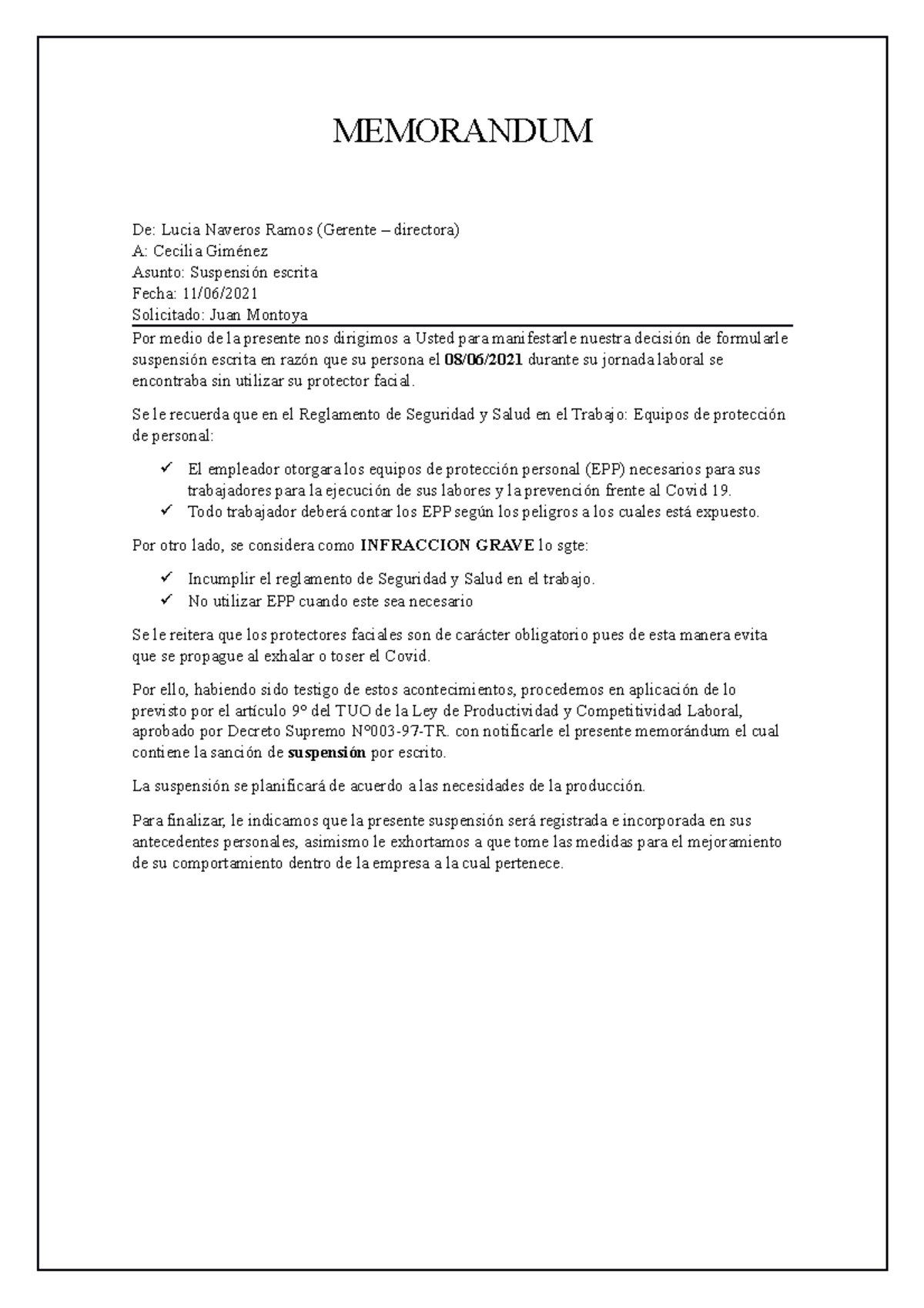 Memorandum - espero que le ayude - MEMORANDUM De: Lucia Naveros Ramos ...