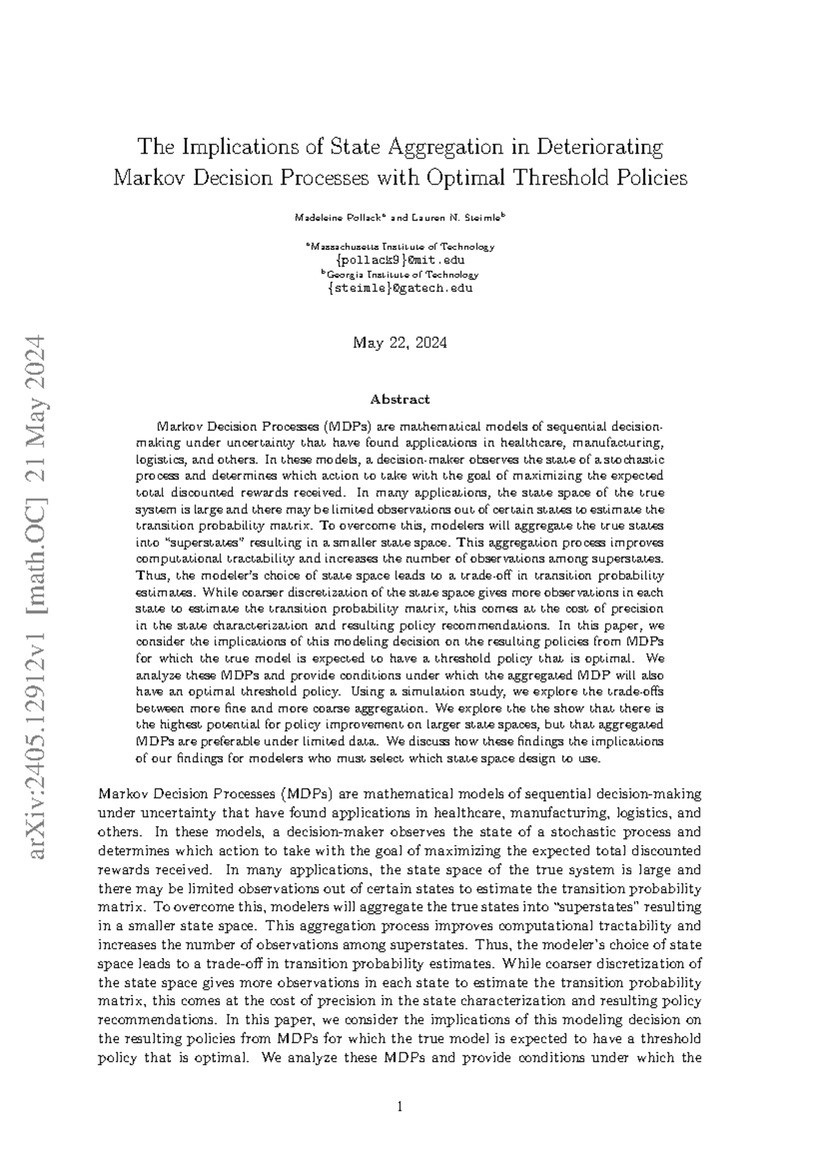 2405 The Implications Of State Aggregation In Deteriorating Markov Decision Processes The