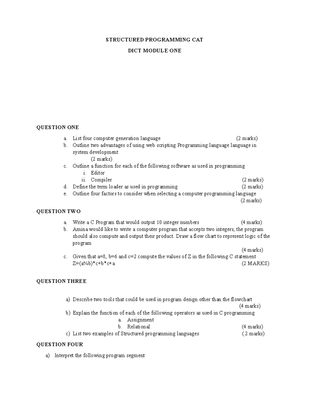 Question ONE - Copy - INFO TECH - STRUCTURED PROGRAMMING CAT DICT ...