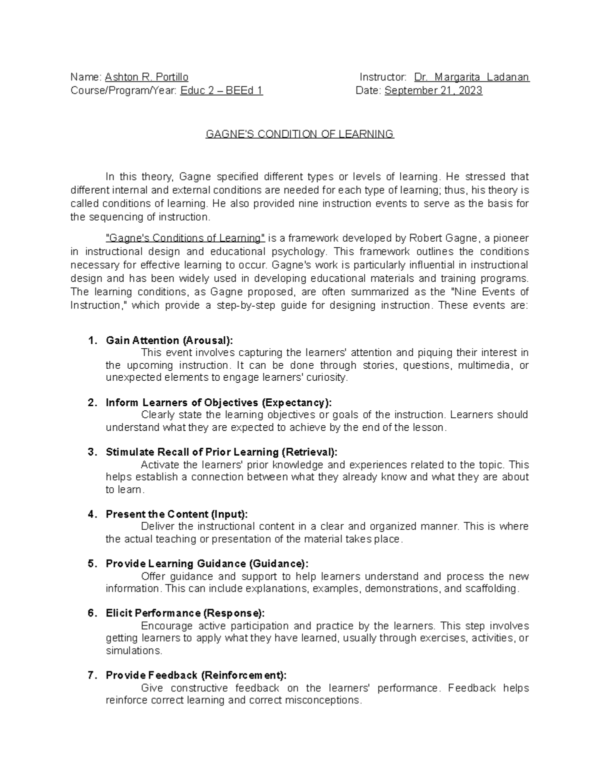 Educ 2 gagne's condition of learning - Name: Ashton R. Portillo ...