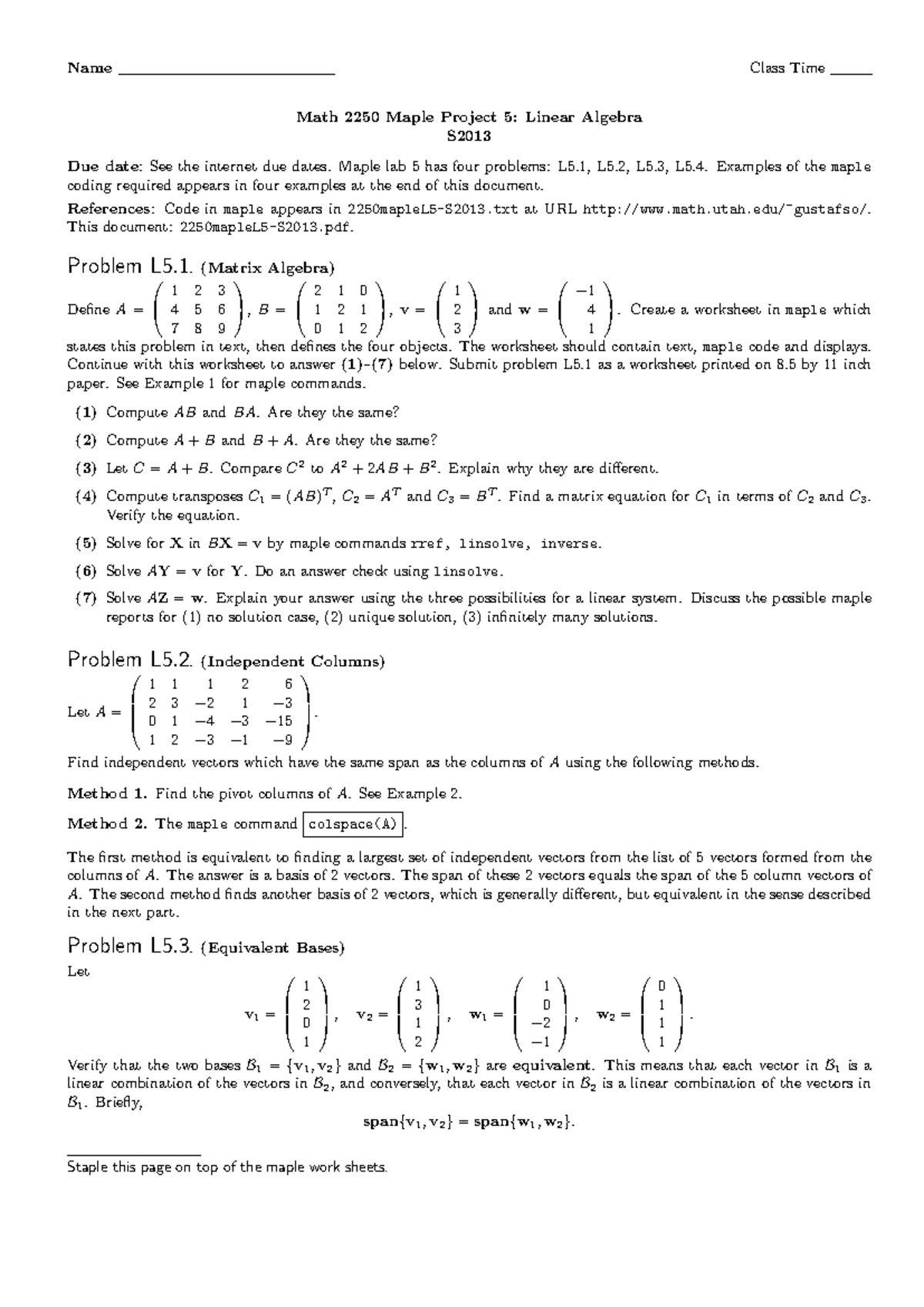 2250maple L 5-S2013 - hjhh - Name Class Time Math 2250 Maple Project 5 ...