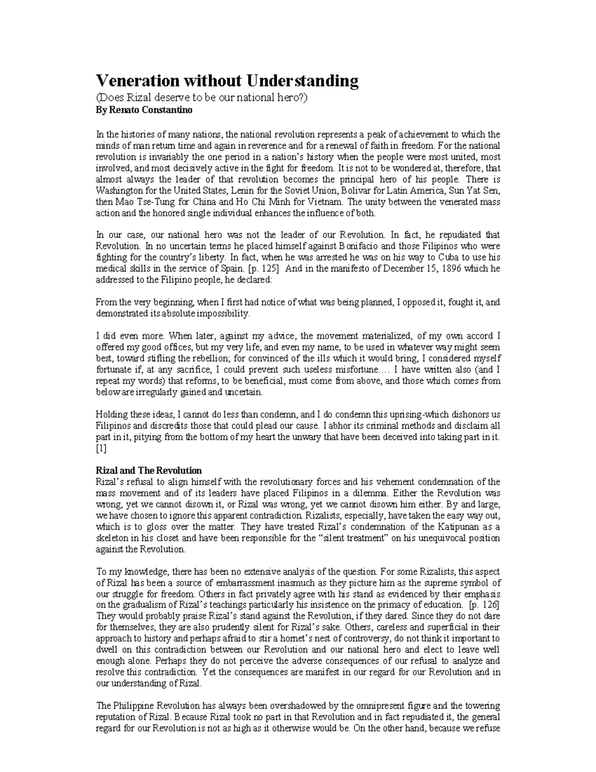 Constantino, Renato. 1969. Veneration Without Understanding ...