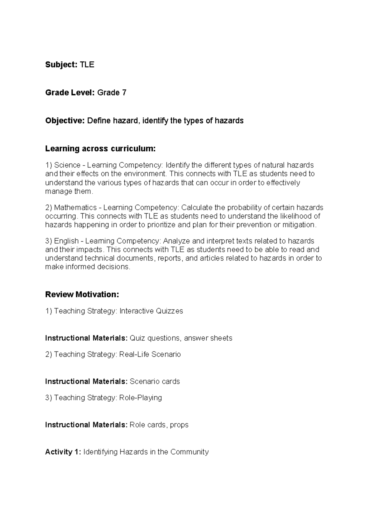 Lesson plan - Subject: TLE Grade Level: Grade 7 Objective: Define ...