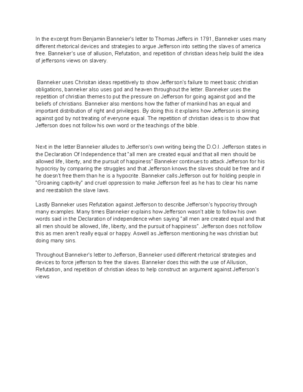 1.06 free response question - In the excerpt from Benjamin Banneker’s ...