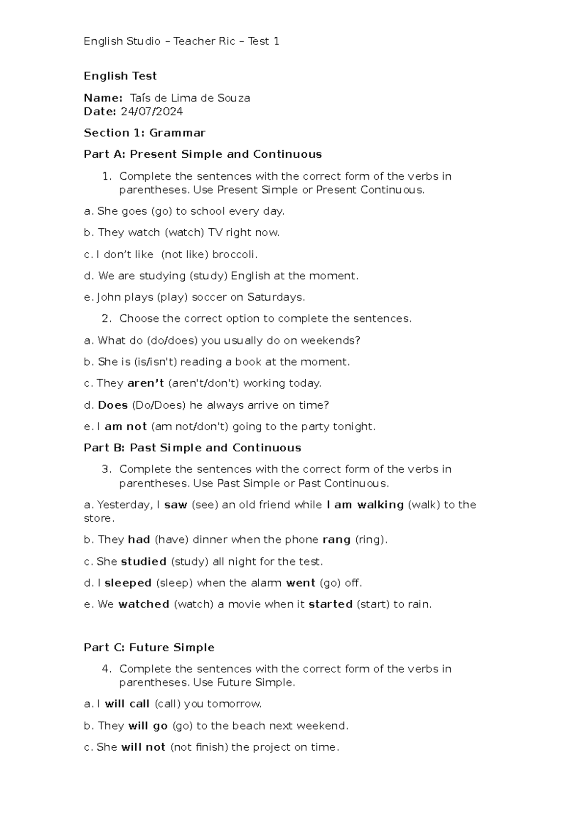 English Test - level 1 - Studio - English Studio – Teacher Ric – Test 1 ...