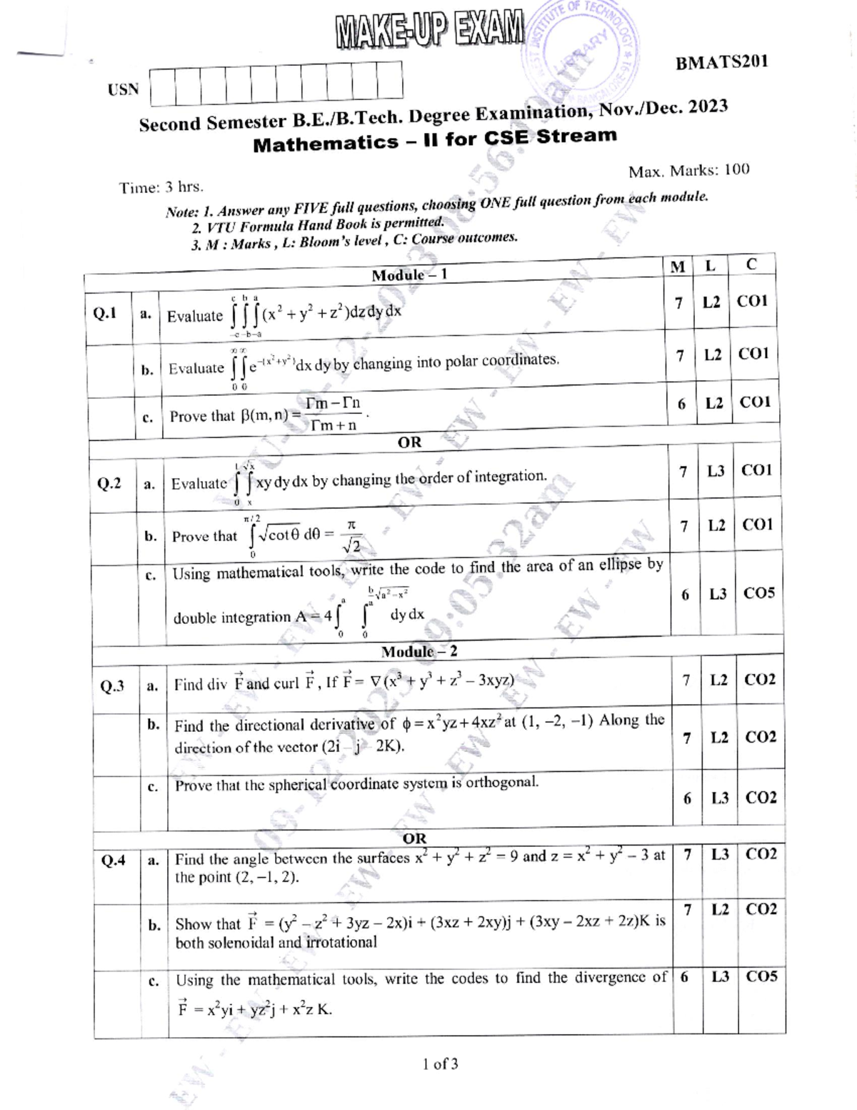 Bmats 201-Nov.Dec 2023 Mathematics II for CSE Stream - EXAM OF ...