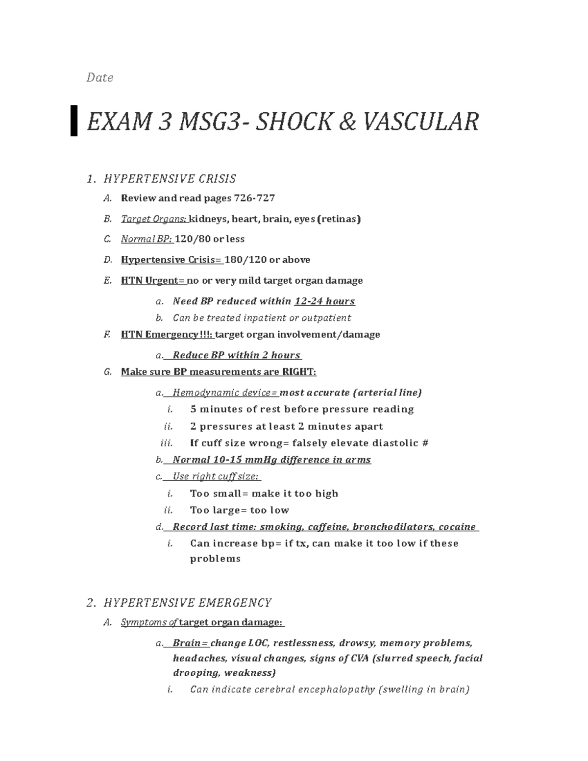 MSG 3 exam 3 shock - Date EXAM 3 MSG3- SHOCK & VASCULAR 1. HYPERTENSIVE ...