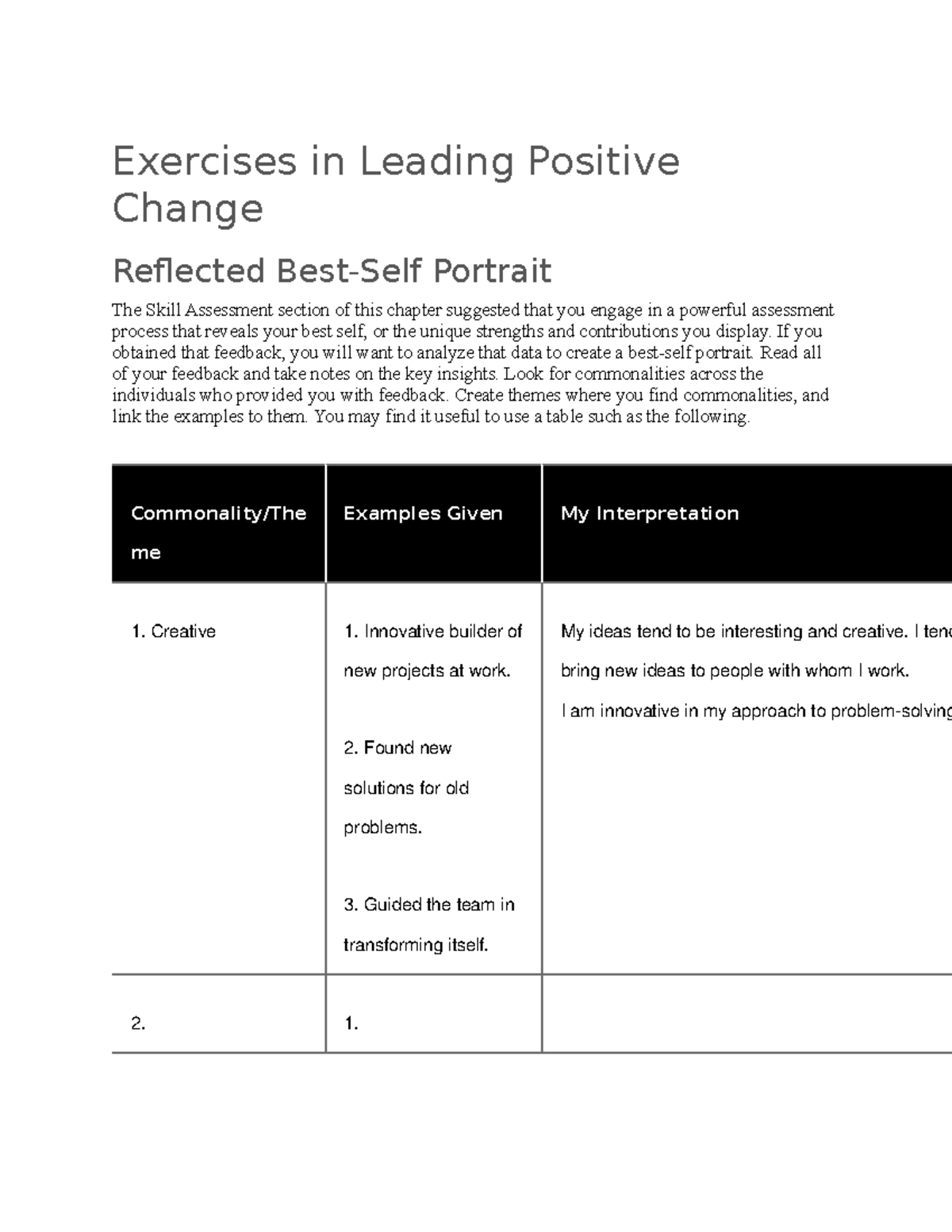 Exercises in Leading Positive Change for MGT Reflefcted BSA - Exercises ...