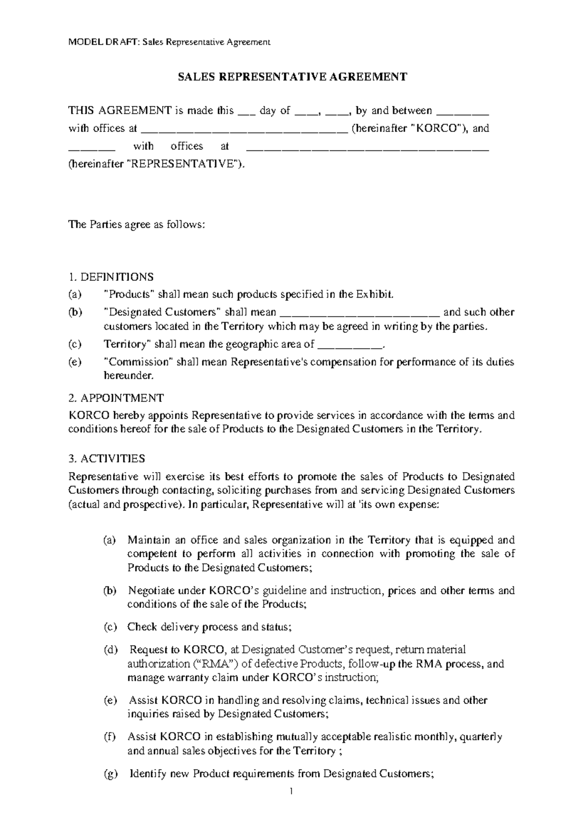 Model 4.. Sales Representative Agreement - SALES REPRESENTATIVE ...