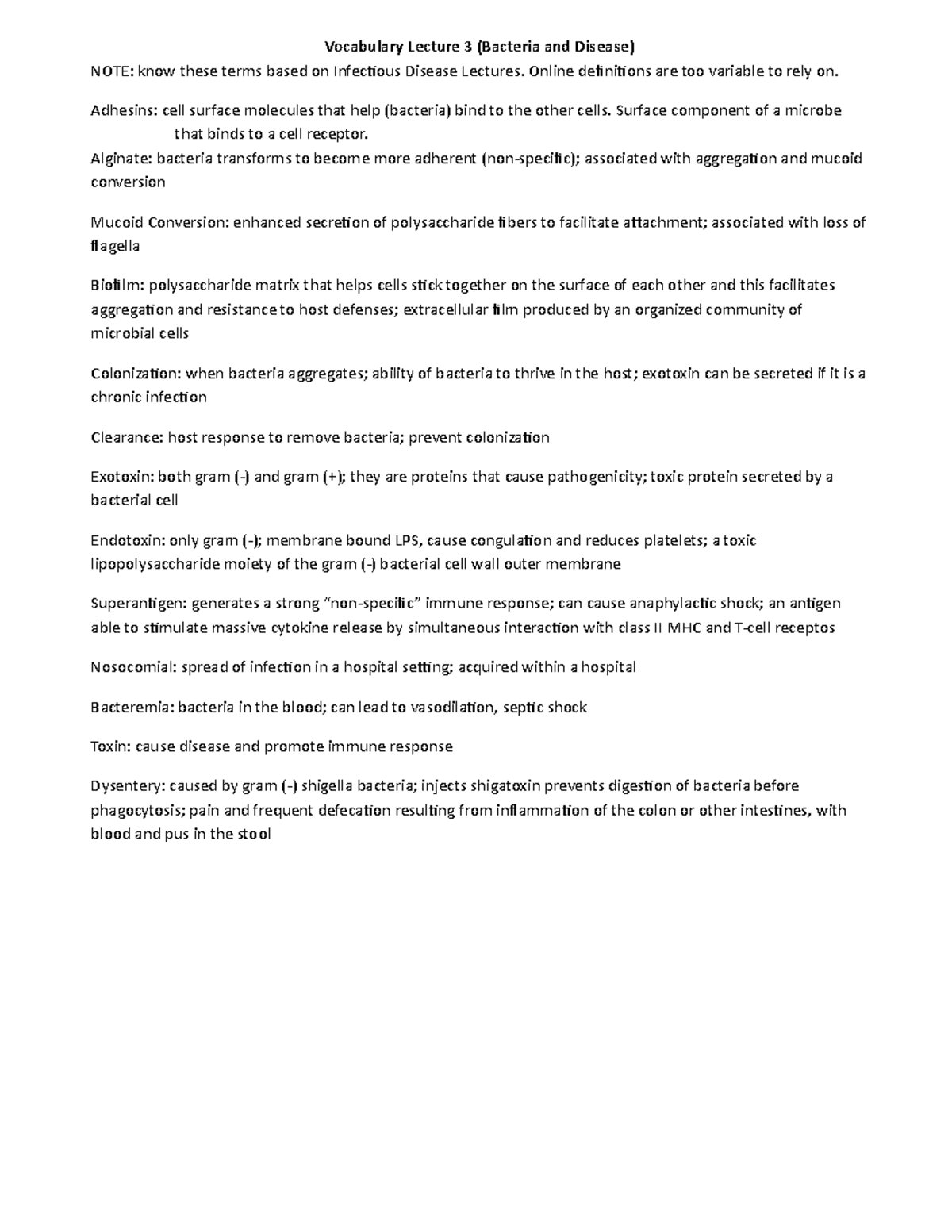 Vocab Lecture 3 - notes - Vocabulary Lecture 3 (Bacteria and Disease ...