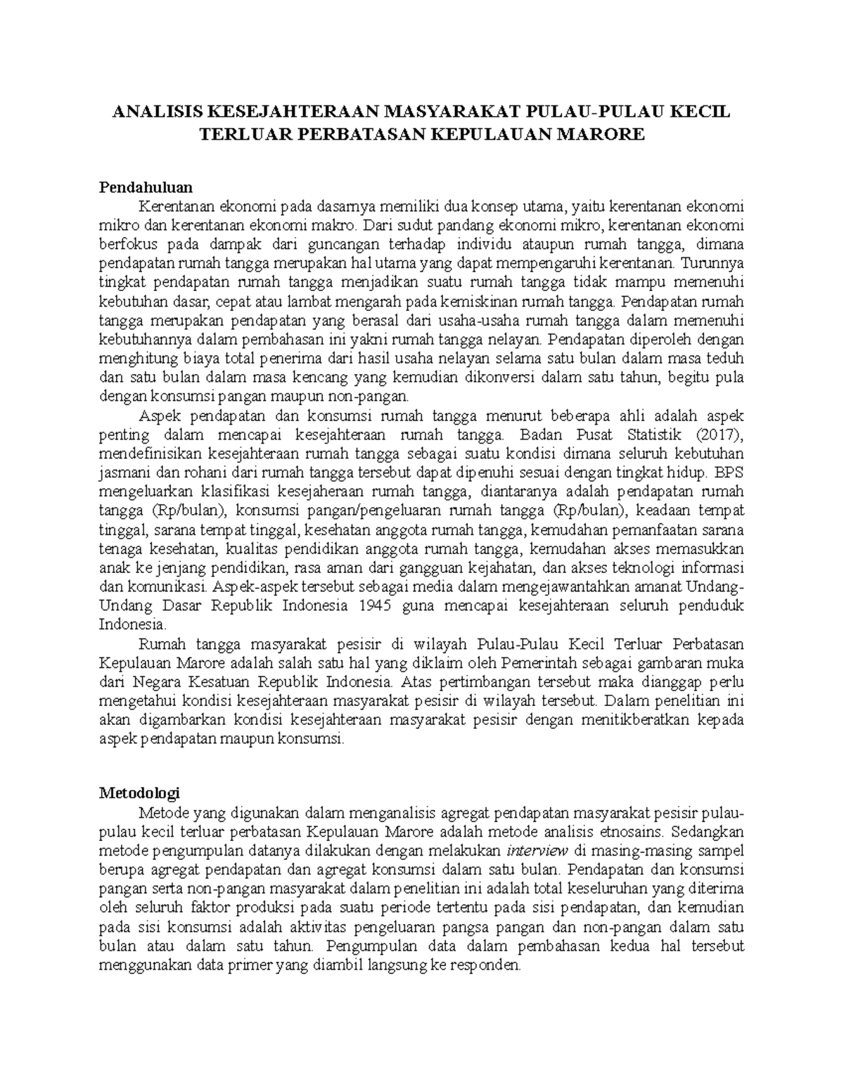 Analisis Kesejahteraan Masyarakat Pulau - Pulau Kecil Terluar ...