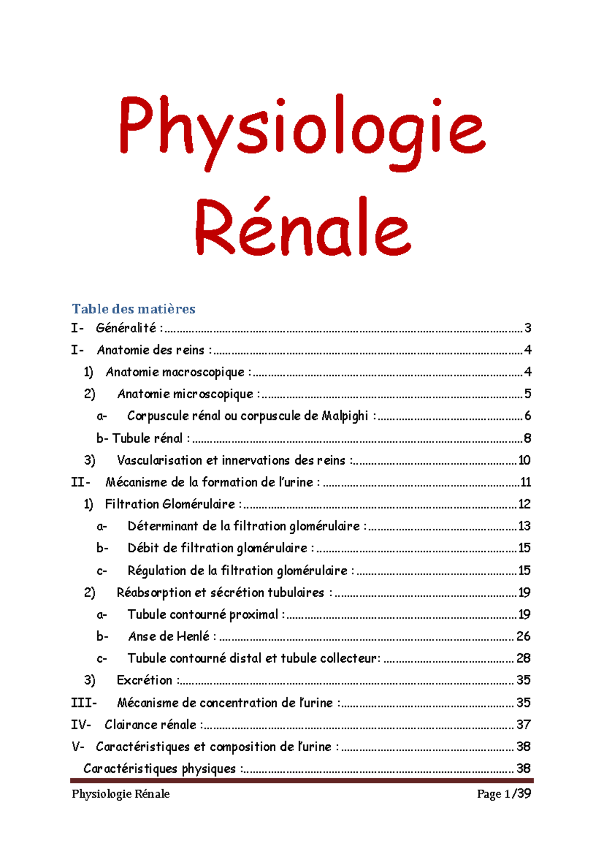 Physiologie rénale - Physiologie Rénale I- Généralité : Table des ...