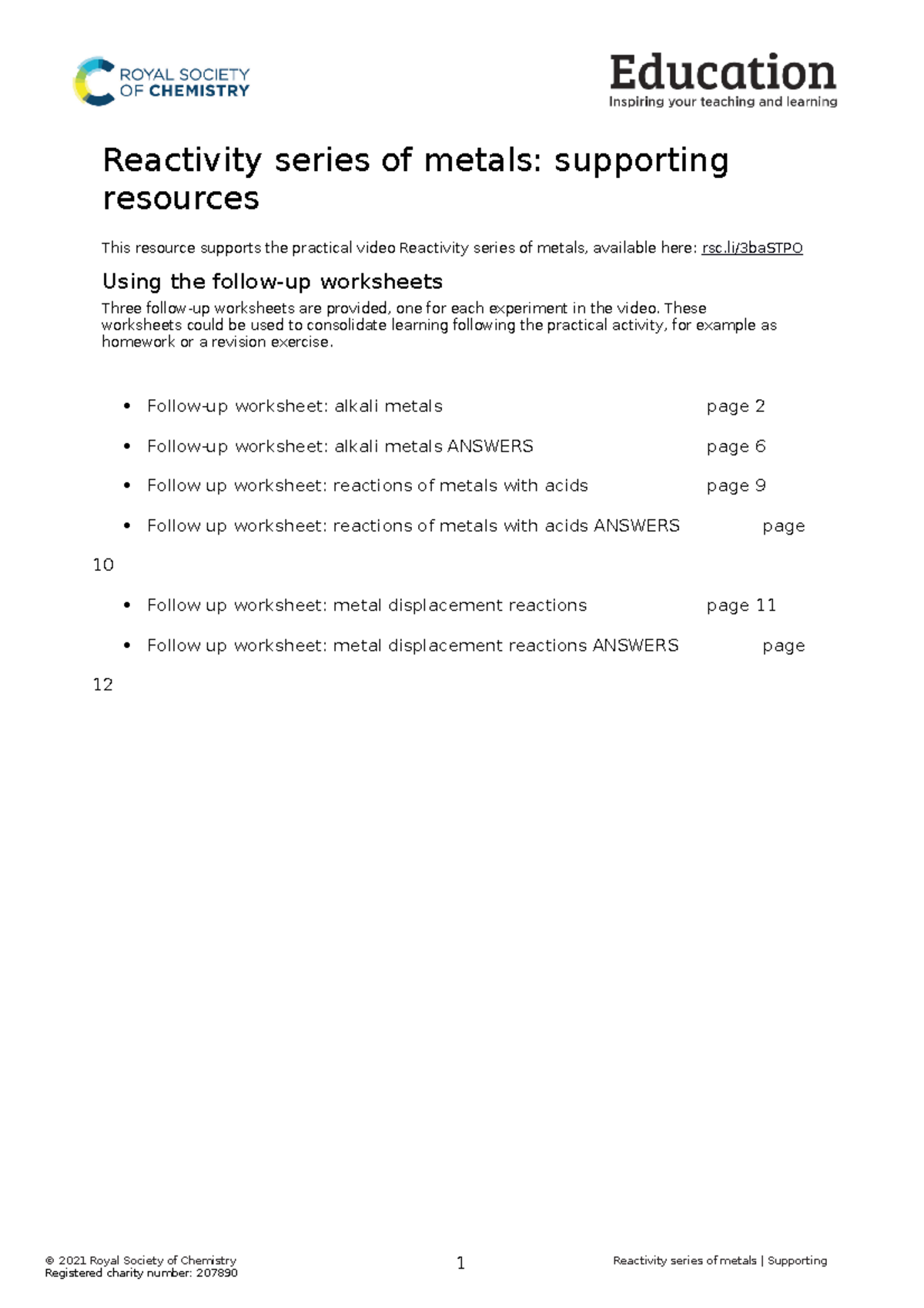 Reactivity series of metals follow up worksheets - Reactivity series of ...