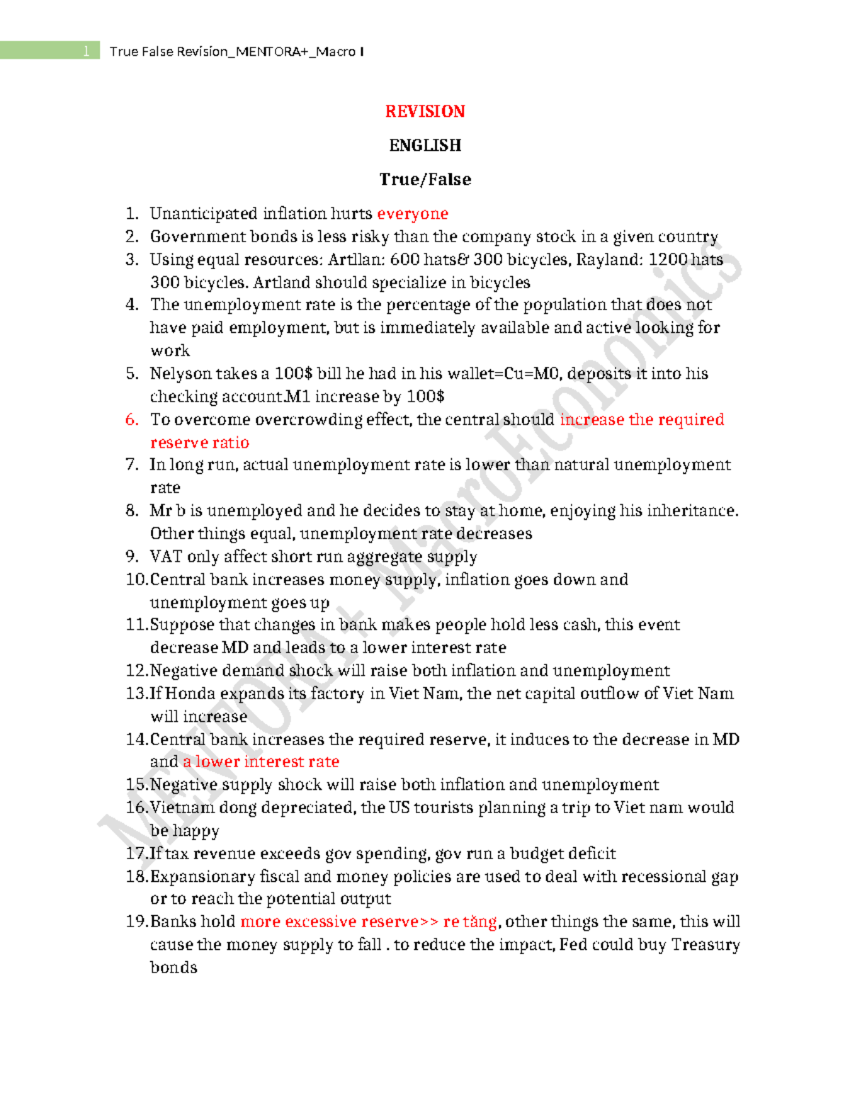 Revision True False - cô hà anh clc - 1 True False Revision_MENTORA ...