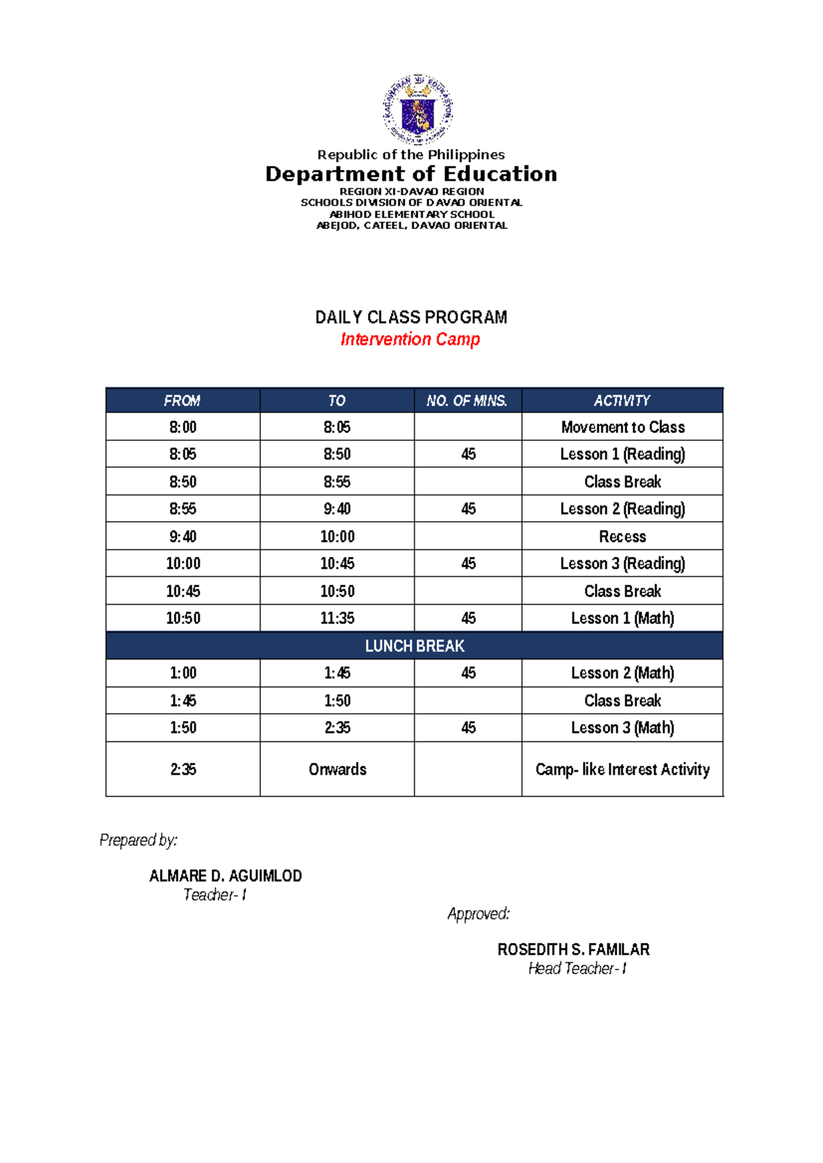 Class progrma nlc 2024 - Republic of the Philippines Department of ...