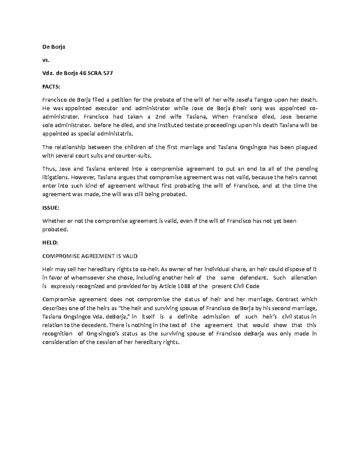 De Borja vs - scra syllabus only on succession - De Borja vs. Vda. de ...