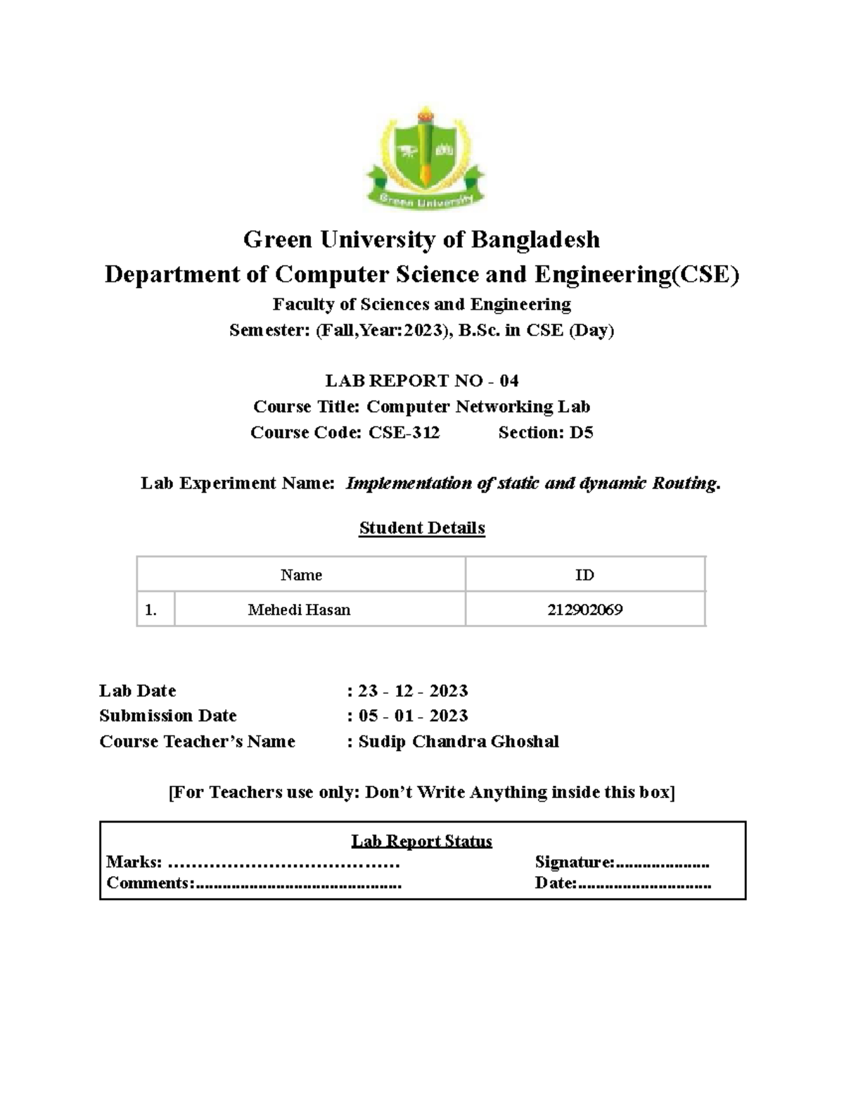 Static and Dynamic Routing(Networking Lab Report 4) - Green University ...