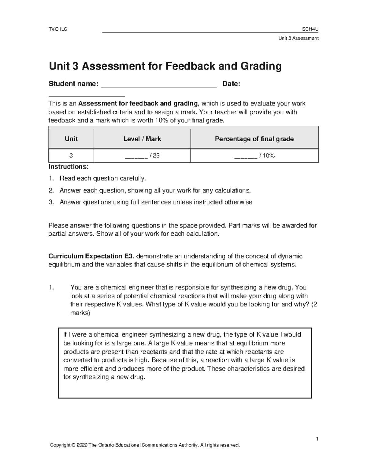 Chem assignment 3 - Unit 3 Assessment Unit 3 Assessment for Feedback ...