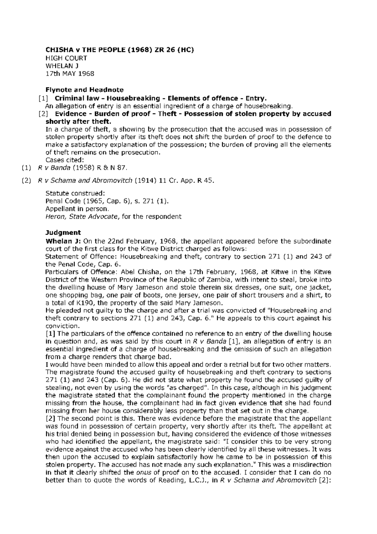 Chisha V People (HC 26 of 1968) 1968 ZMHC 5 (17 July 1968) - CHISHA v ...