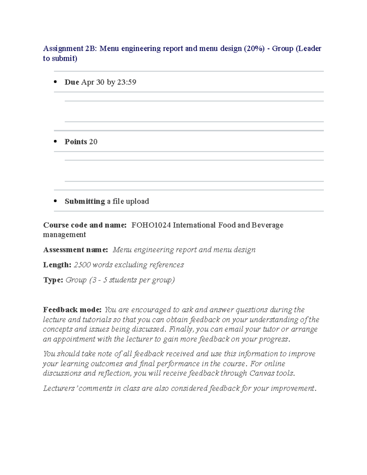 Assignment 2B- Menu engineering report and menu design - Finally, you ...