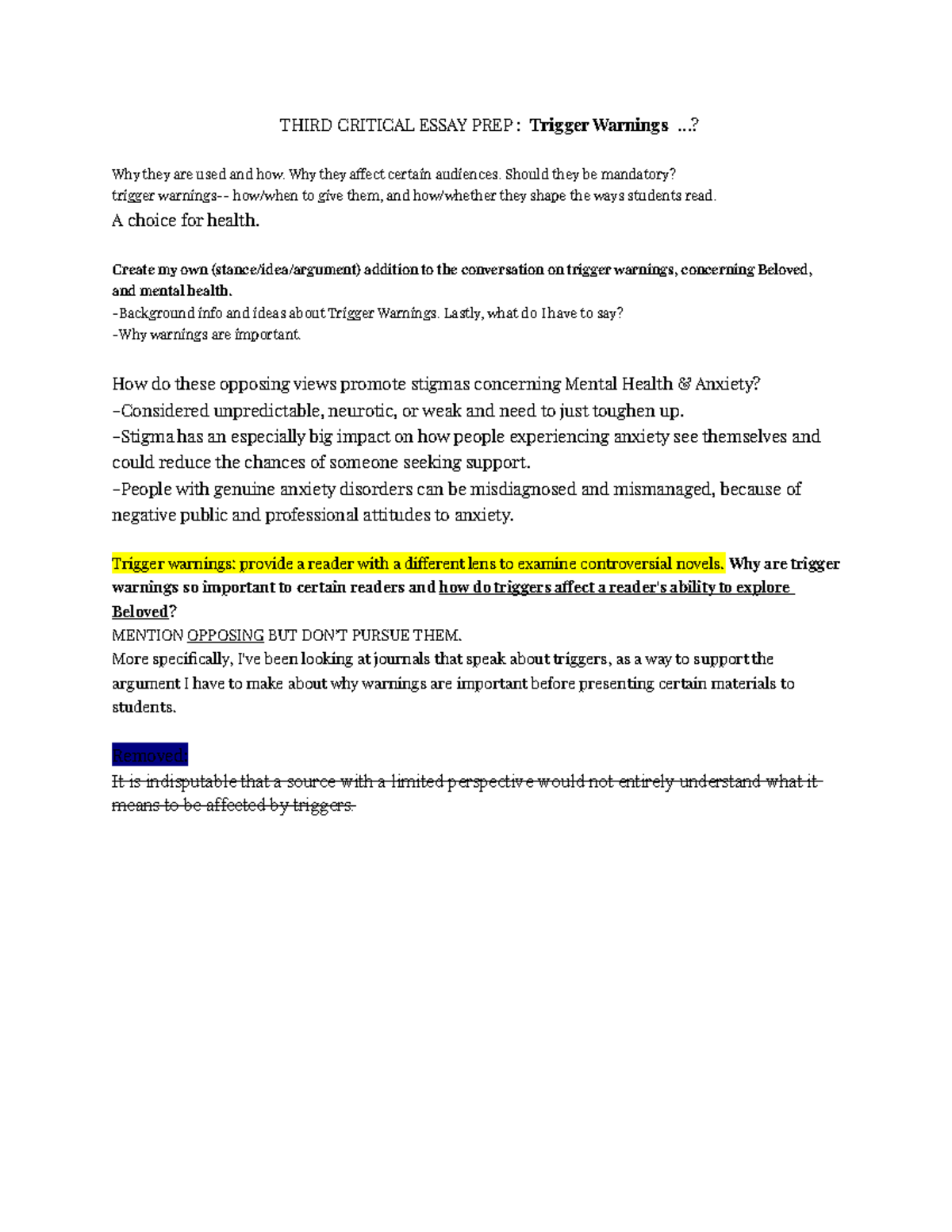 Wkly rspnses - THIRD CRITICAL ESSAY PREP : Trigger Warnings ...? Why ...